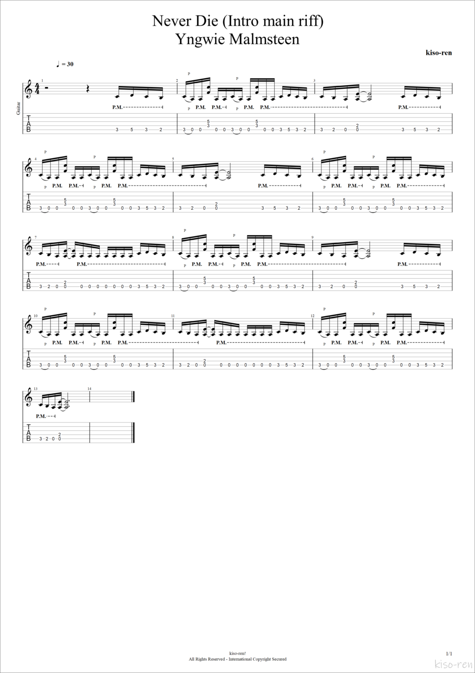 Never Die Intro main riff TAB / Yngwie Malmsteen イングヴェイ ネヴァーダイ イントロギター ...