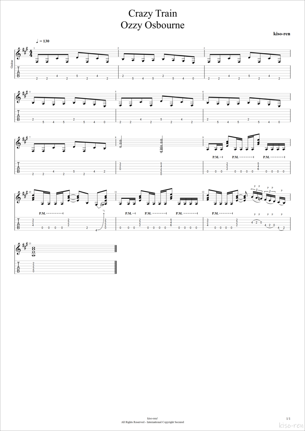Crazy Train Intro riff TAB / Ozzy Osbourne Randy Rhoads クレイジートレイン イントロ ...