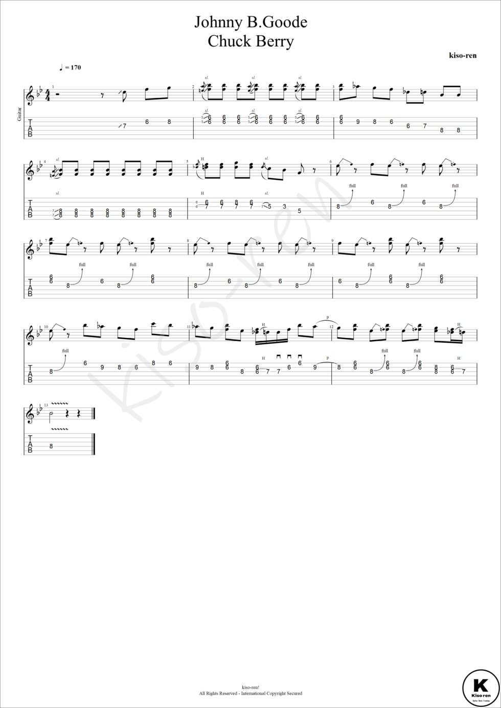 Johnny B Goode - Chuck Berry TAB Intro チャックベリー/ジョニー･B･グッド イントロギターTAB ...